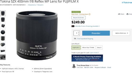 Tokina SZX 400mm f/8 Reflex MF Lens Available For Preorder - Fuji Addict